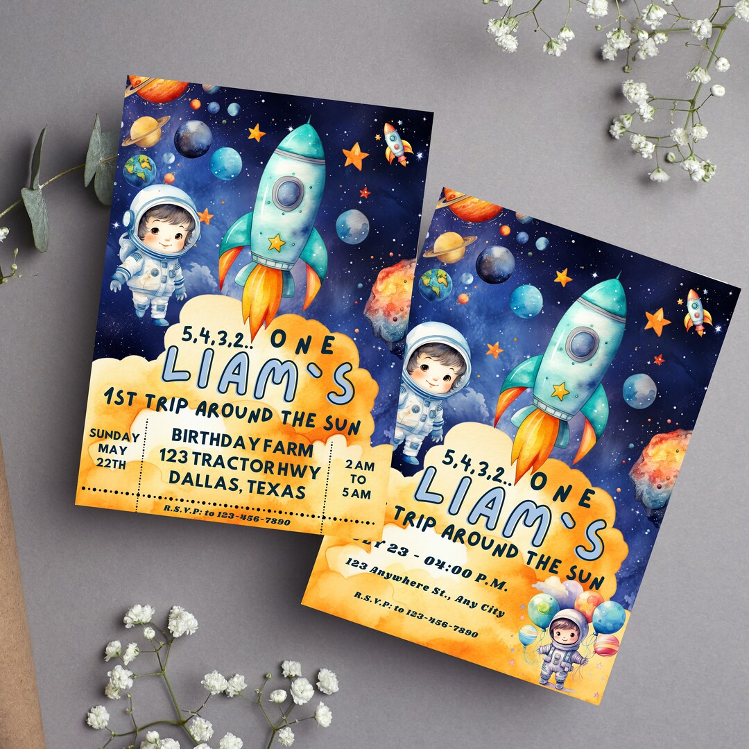 2x First Trip Around the Sun Birthday Party, Space Invitation Boy, Astronaut Invite, Outer Space ...