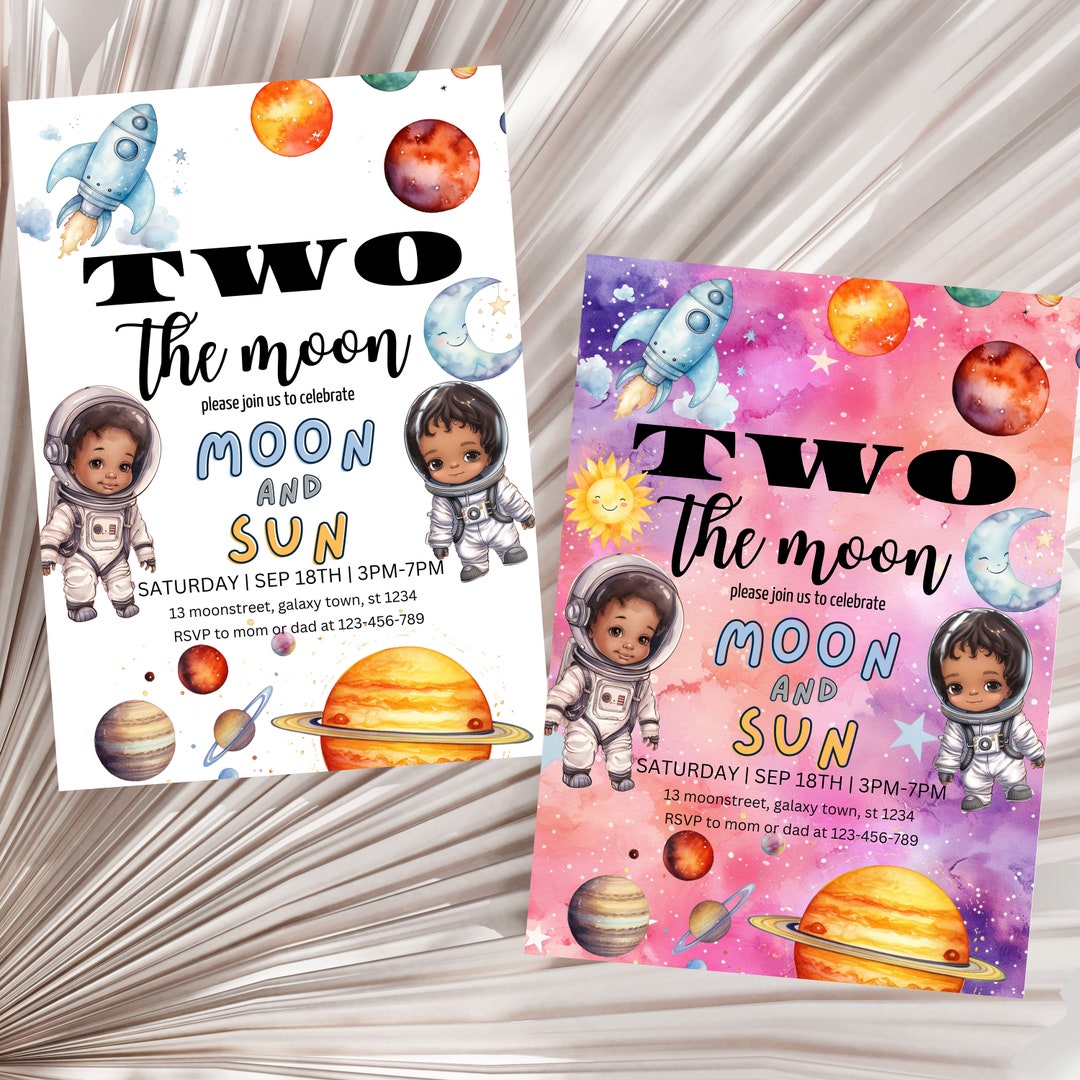 2x Two the Moon Invitation for Twins, Siblings Space Invitation, Afro ...