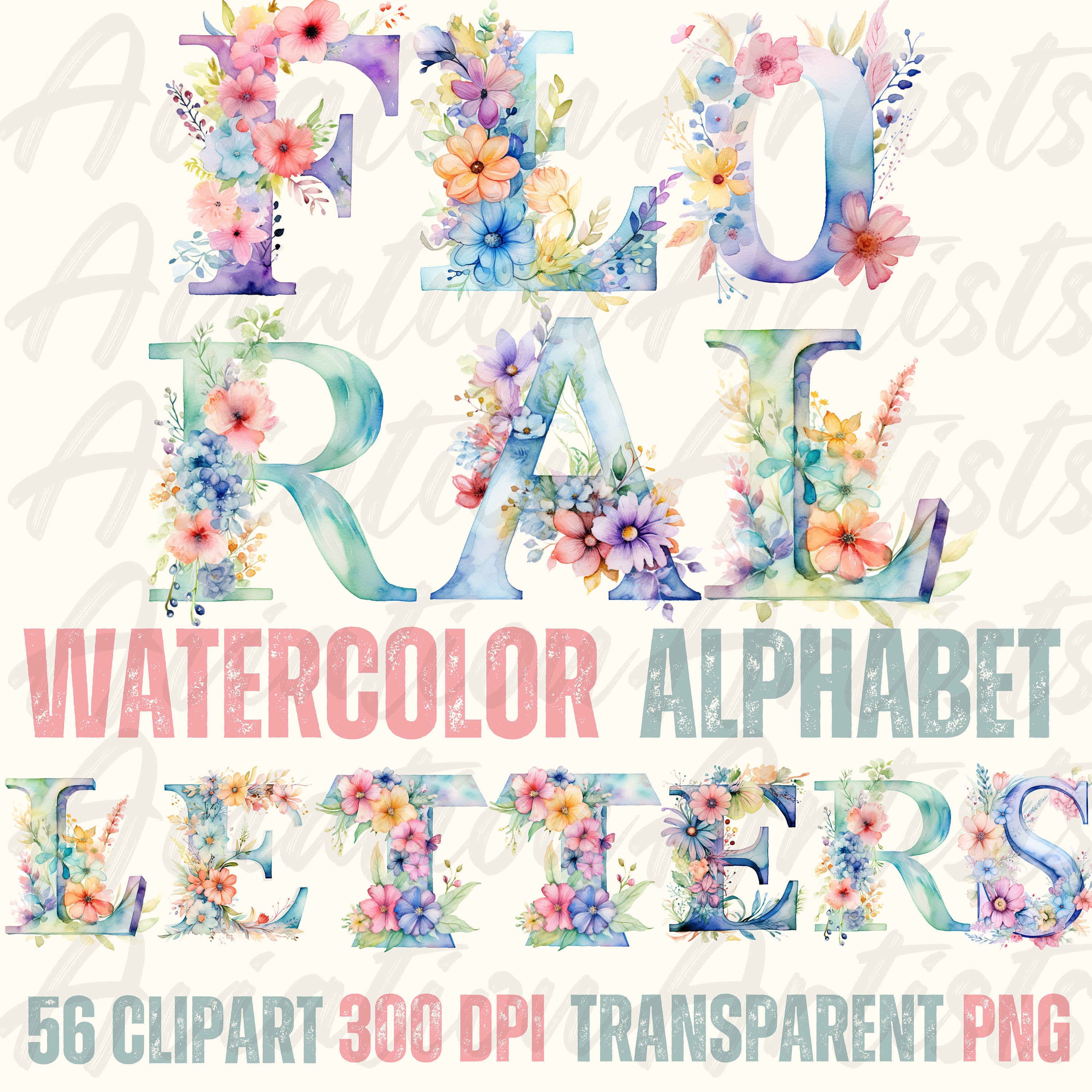 Floral Watercolor Alphabet 52 Letters, Alphabet Watercolor Png, Floral ...