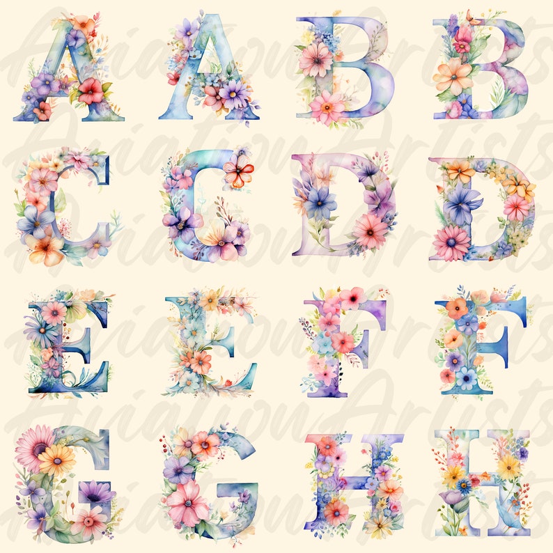 Floral Watercolor Alphabet 52 Letters, Alphabet Watercolor Png, Floral ...