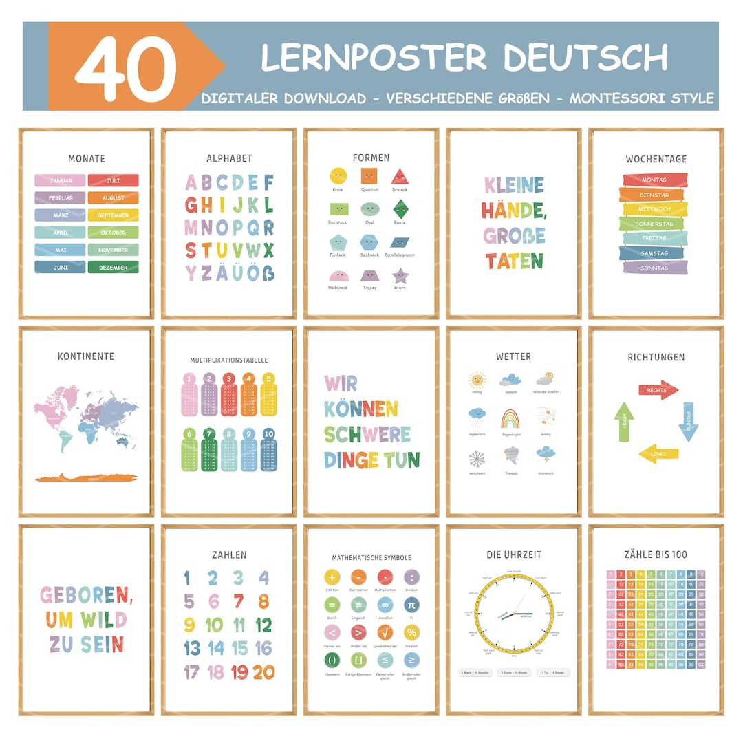 40 Deutsche Lernposter, Montessori Lernposter Set, Lernposter ...