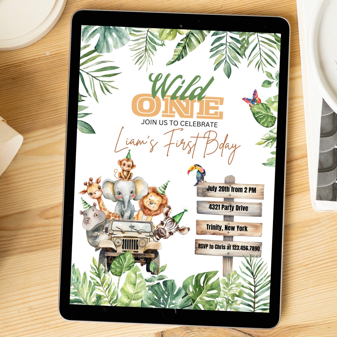 EDITABLE Safari Animals Party Invitation Template, Wild One Birthday ...