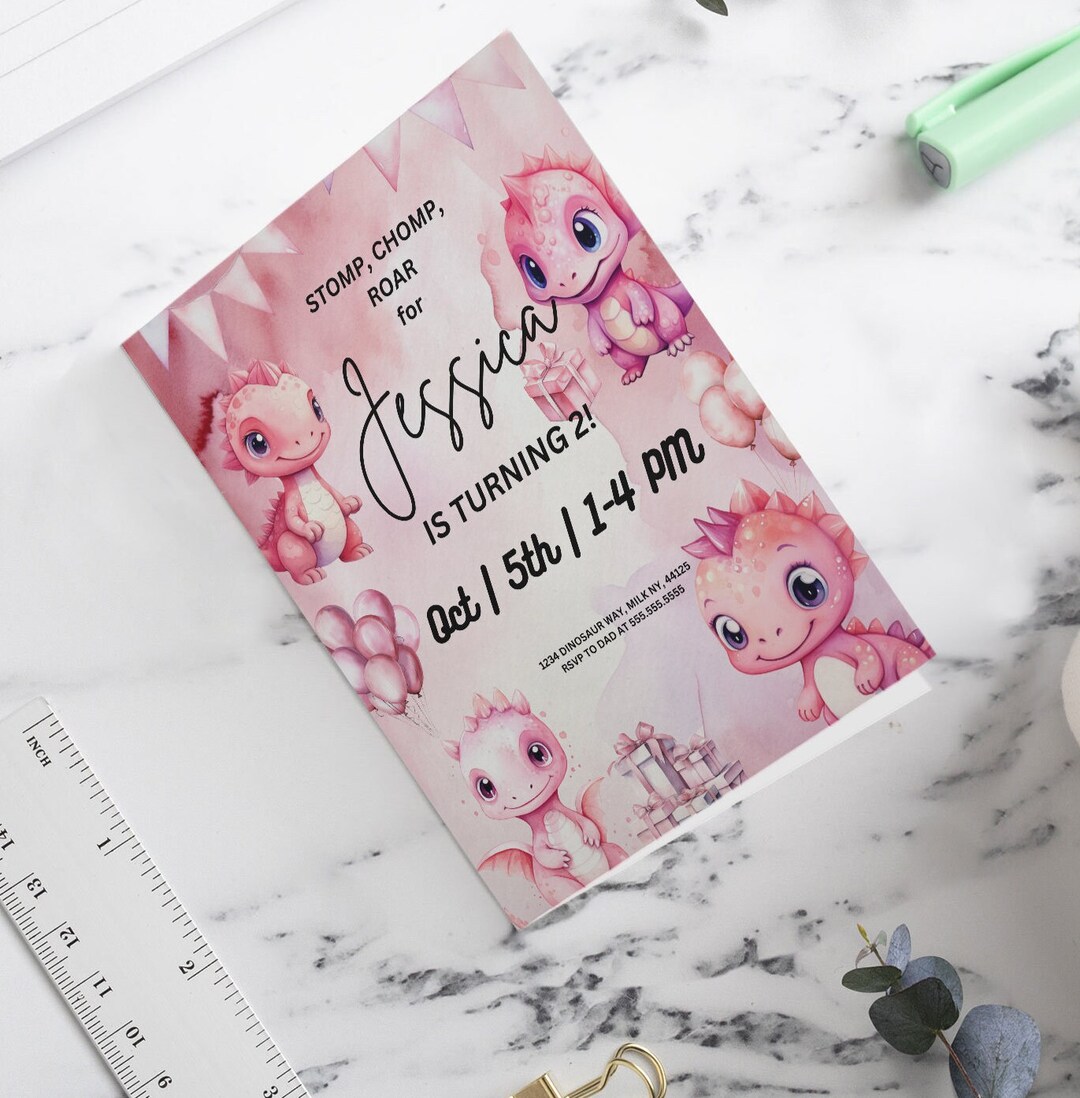 Two Watercolor Dinosaur Birthday Invitation Template Pink Dinosaur ...