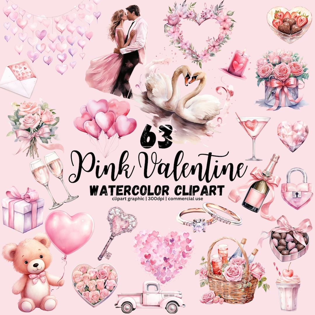 Pink Valentine Clipart Bundle, Watercolor Valentines Day Clipart ...