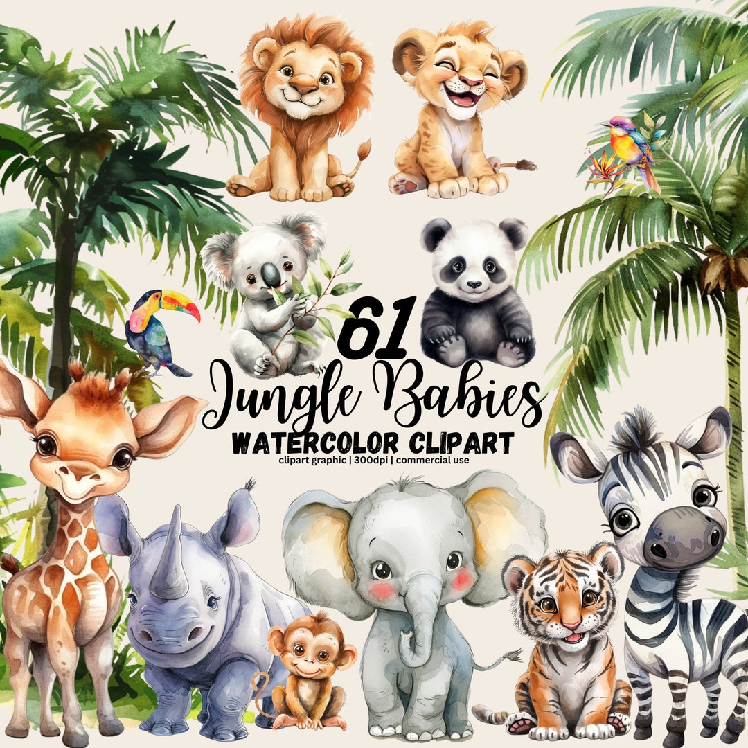 Cute Jungle Animals Clipart, Safari Baby Animal PNG, Watercolor Animal ...