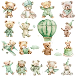 Watercolor Green Teddy Bear Clipart Bundle, Boho Teddy Bear Clipart ...