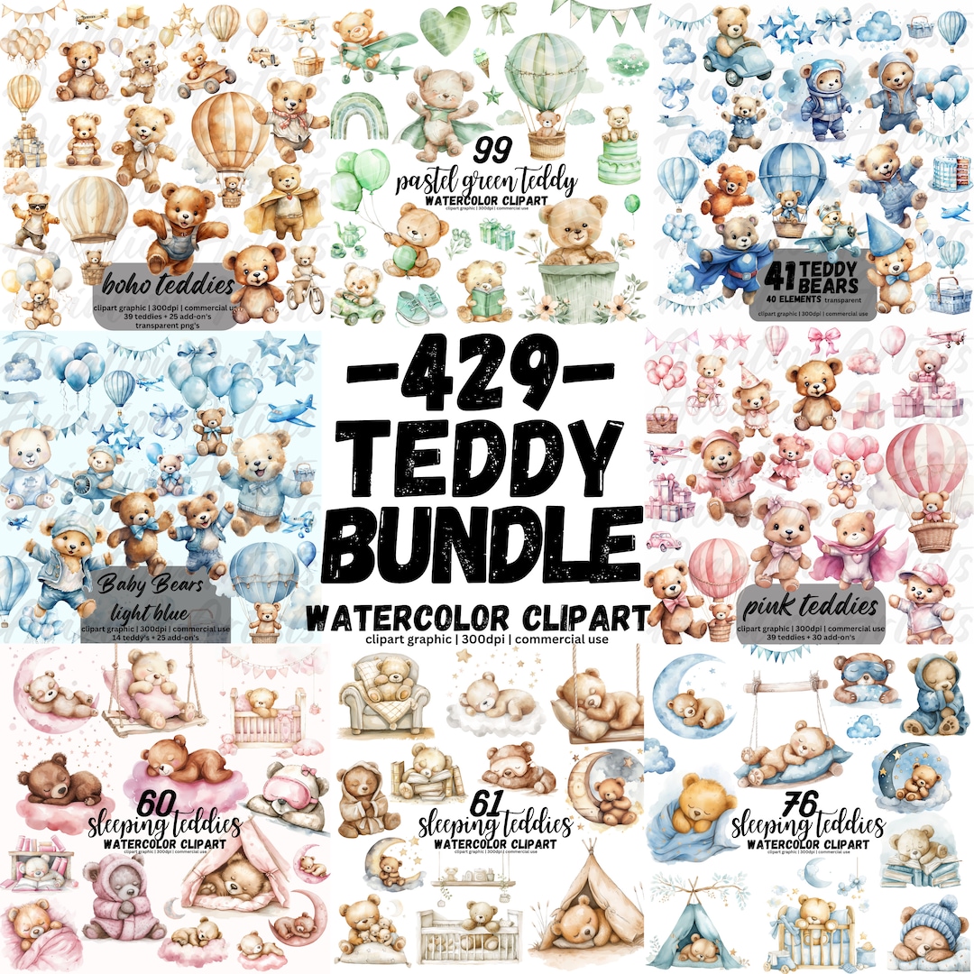 Teddy Bear Clipart Bundle, Neutral Boho Nursery Clipart, Watercolor ...