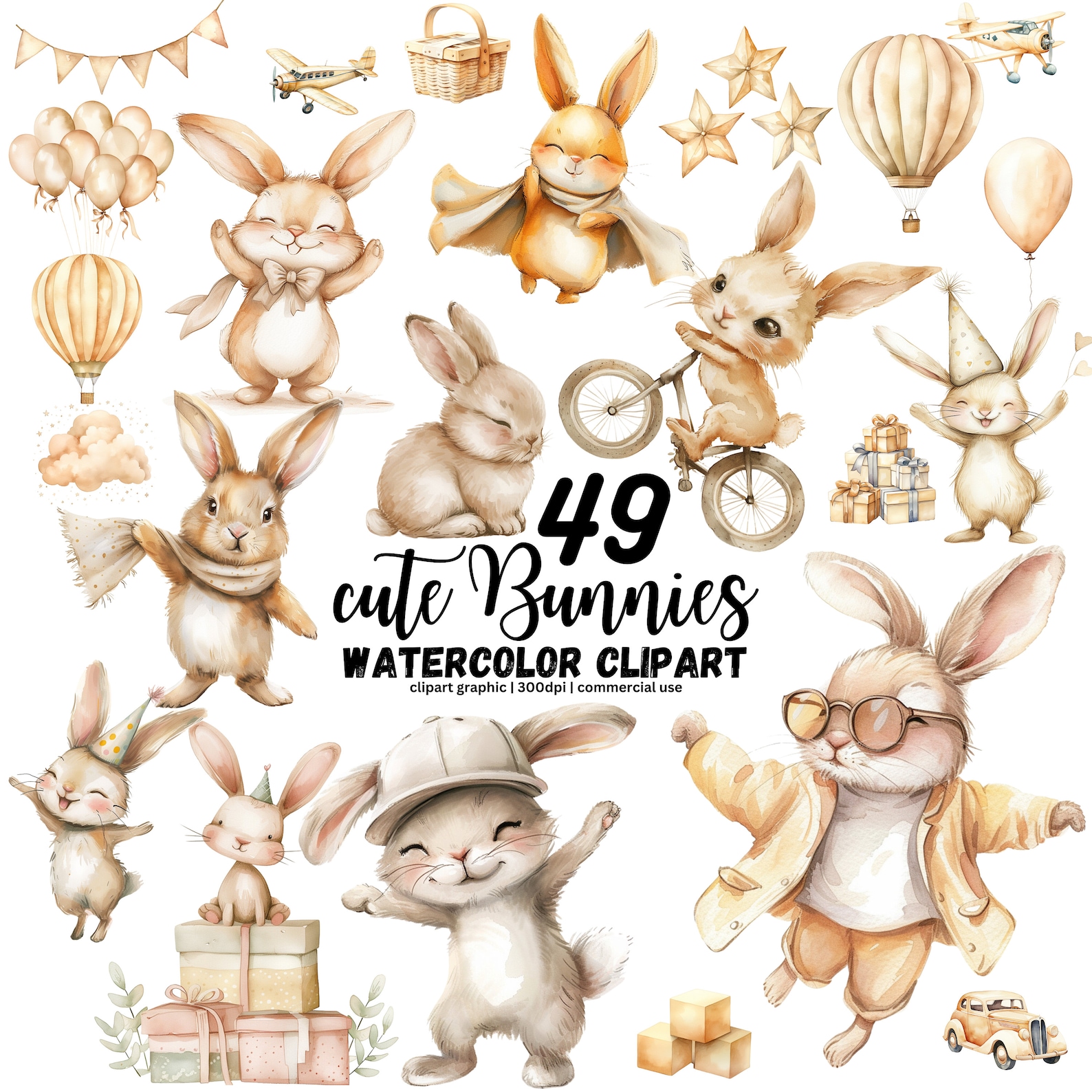 Cute Watercolor Bunny Clipart, Beige Bunny PNG, Boho Bunny Clipart ...