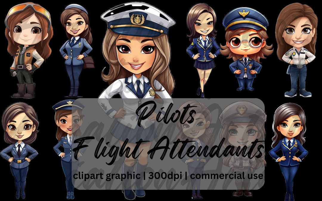 50x Chibi Flight Attendant Clipart Female Woman Pilot Clipart Aviation ...