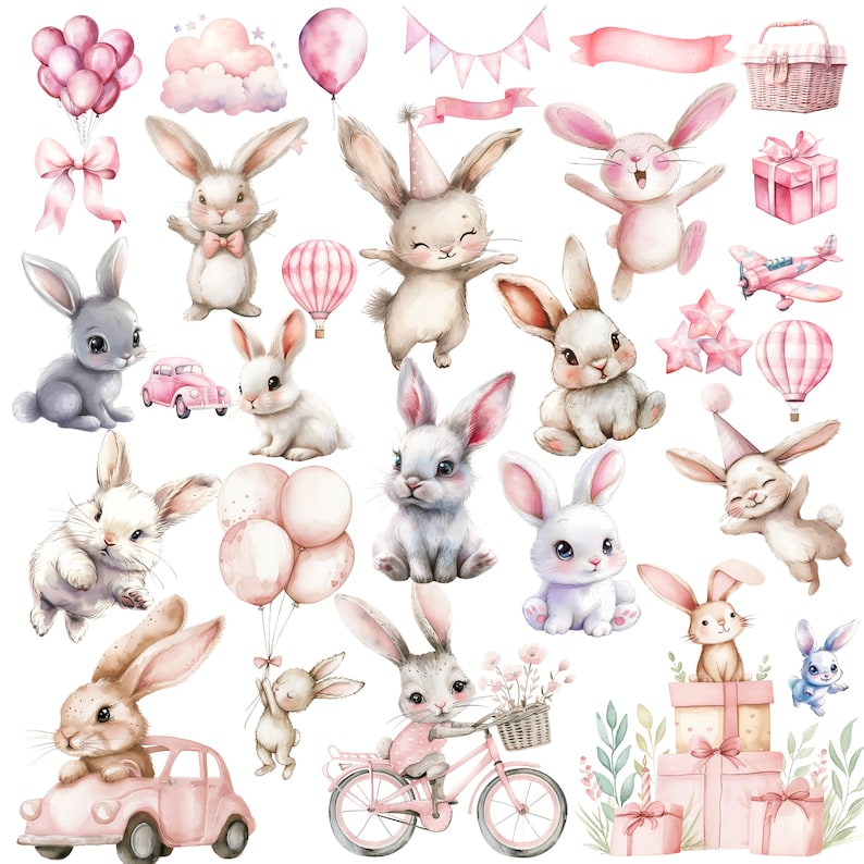 Cute Watercolor Bunny Clipart, Pink Bunny PNG, Boho Bunny Clipart, Pink ...