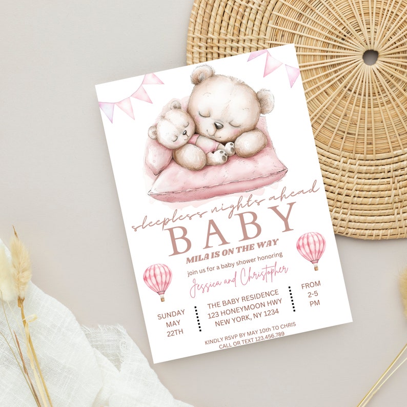 Sleepless Nights Ahead Invite, Pink Teddy Bear Baby Shower Invitation ...