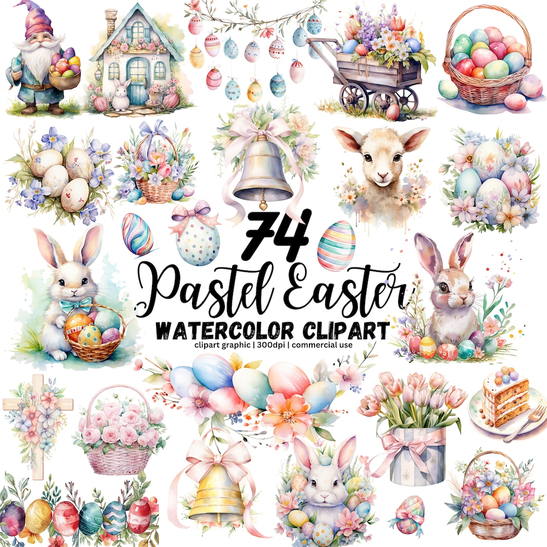 HUGE Pastel Easter Clipart 74, Watercolor Easter Egg, Easter Bunny ...