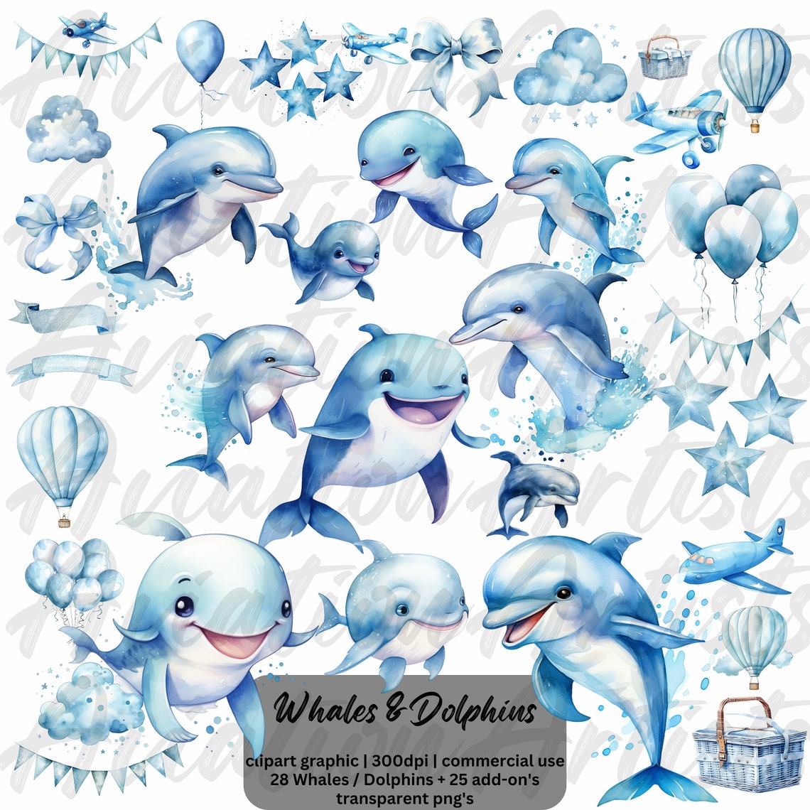 Watercolor Whales & Dolphins Clipart, Sea Animals Watercolor Clipart ...
