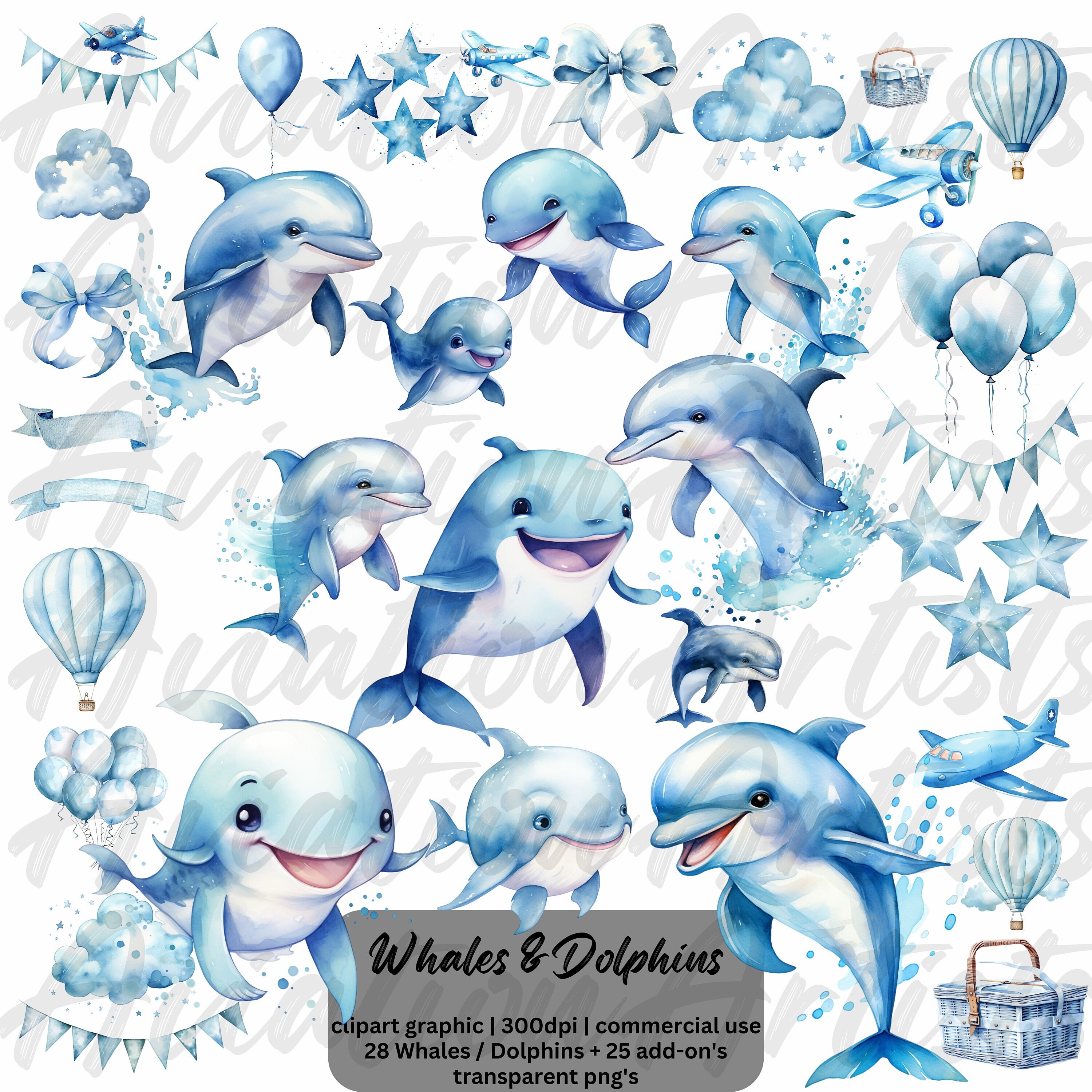 Watercolor Whales & Dolphins Clipart Sea Animals Watercolor - Etsy