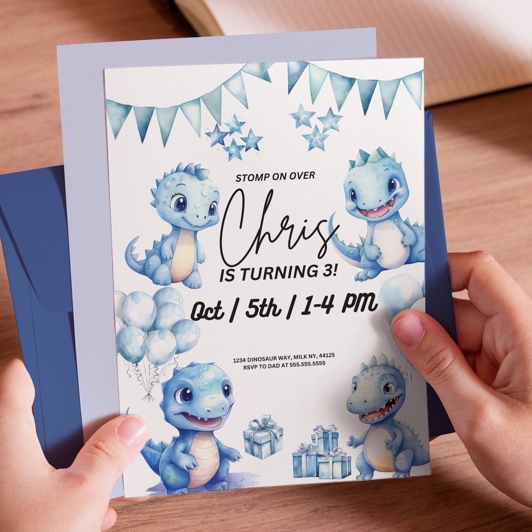 Watercolor Dinosaur Birthday Invitation Template Blue Dinosaur ...