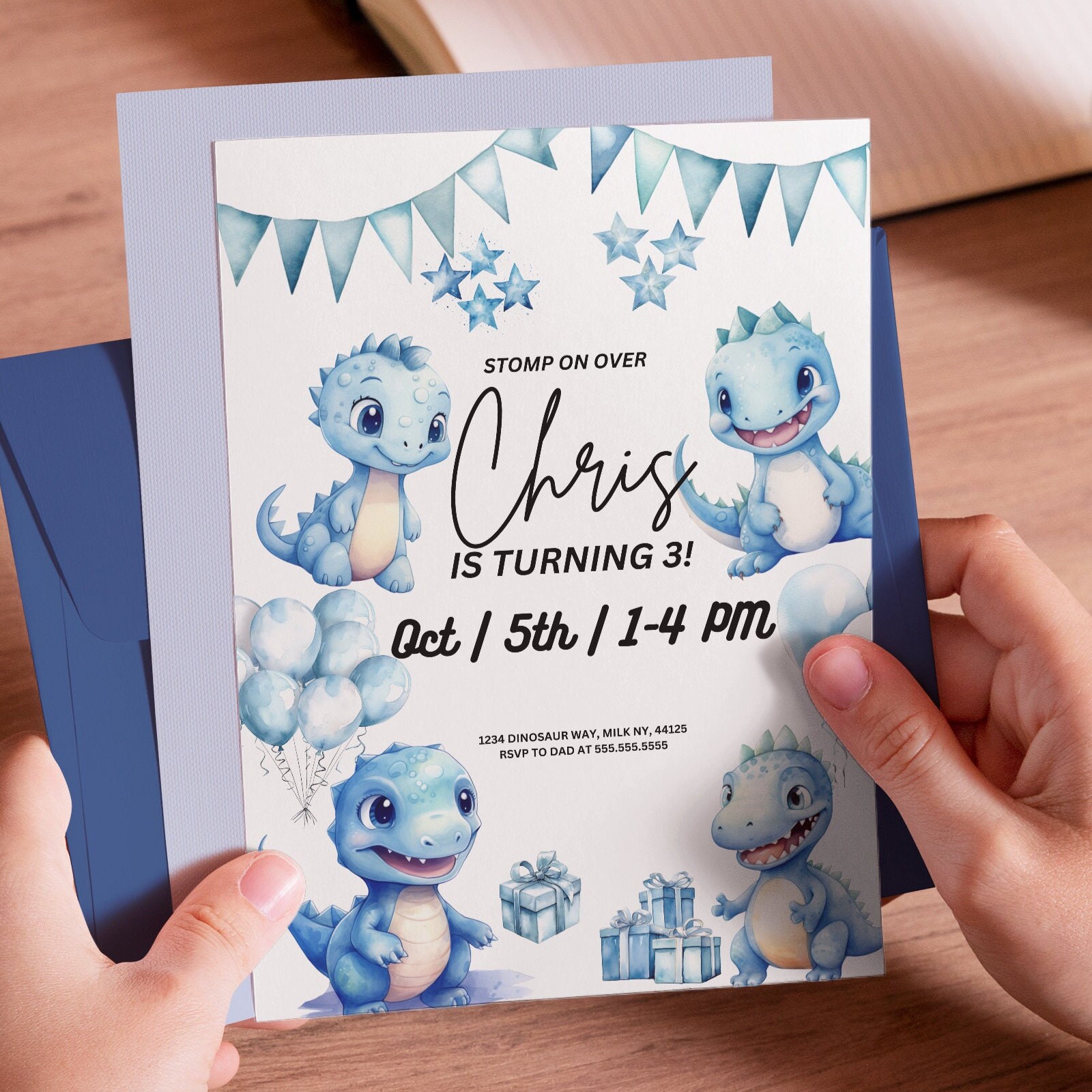 Watercolor Dinosaur Birthday Invitation Template Blue Dinosaur - Etsy