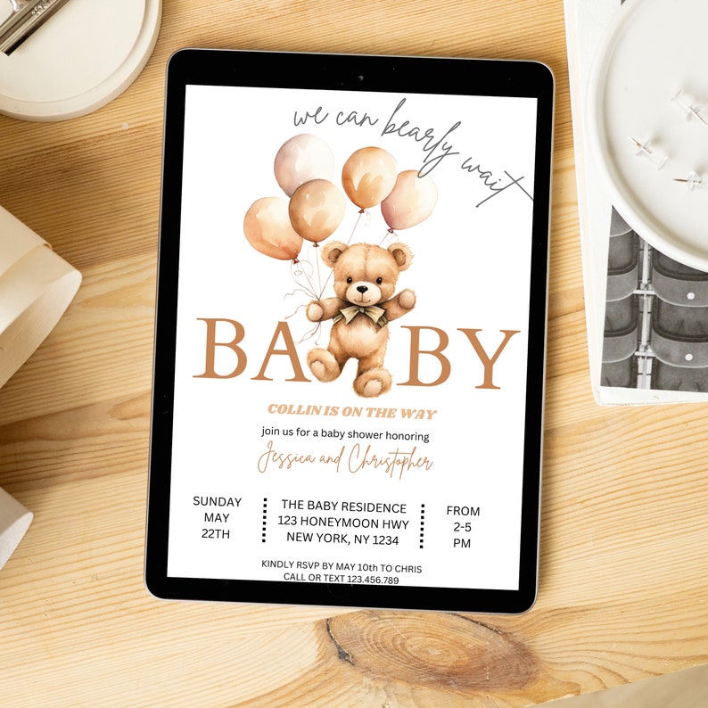 Editable Gender NEUTRAL Teddy Bear Balloons Bear Theme BEIGE - Etsy