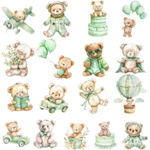 Watercolor Green Teddy Bear Clipart Bundle, Boho Teddy Bear Clipart ...