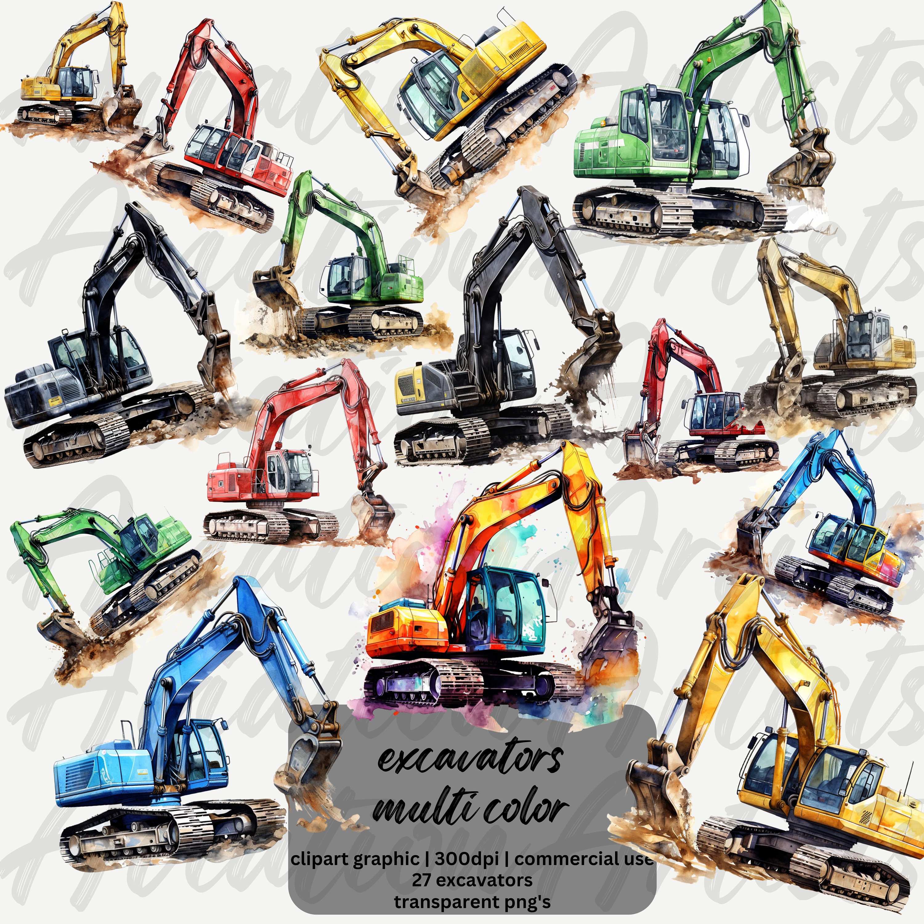 Watercolor Excavator Many Colors Excavator Png Digger - Etsy