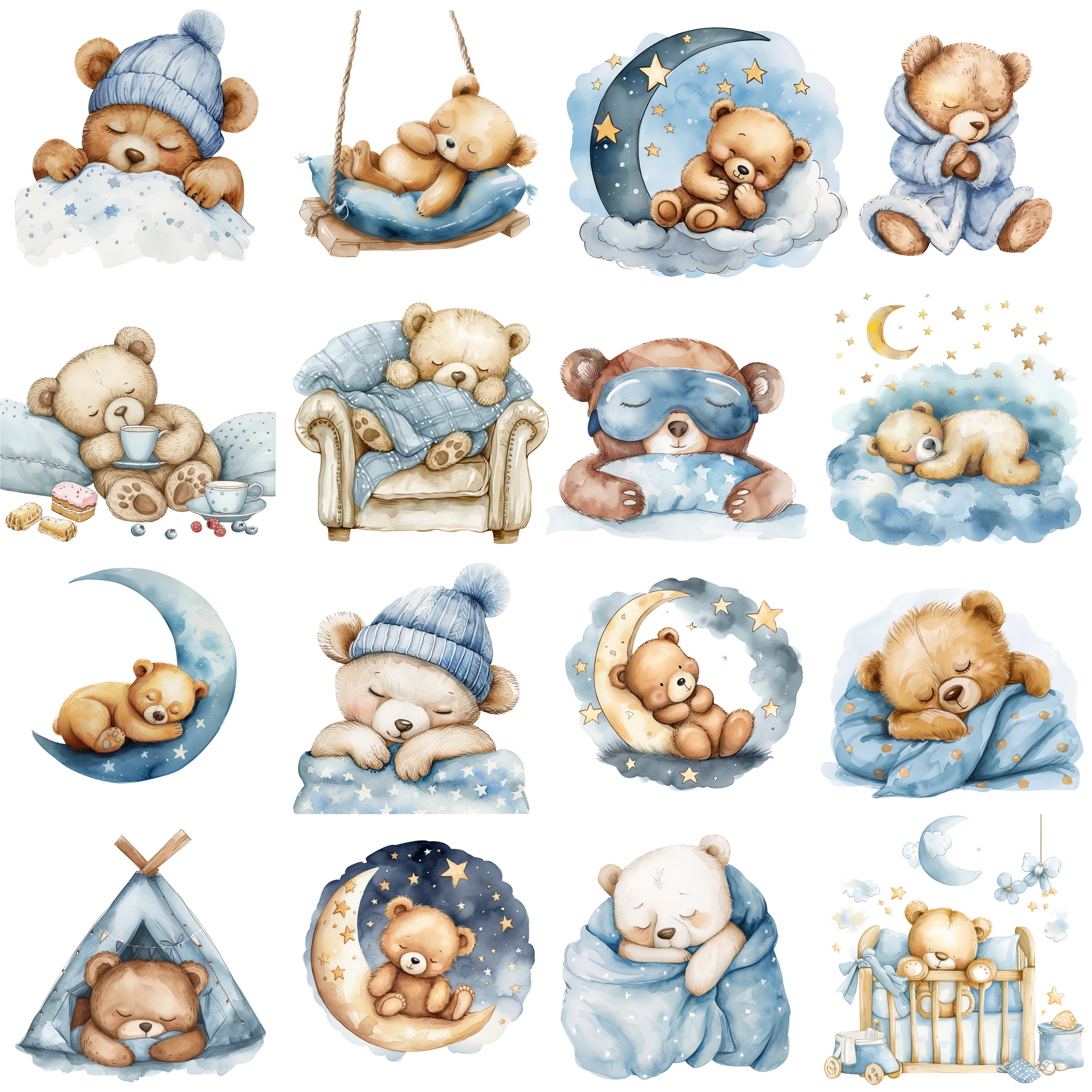 Watercolor Blue Teddy Bear Clipart, Sleepy Teddy Bears, Bear PNG, Cute ...