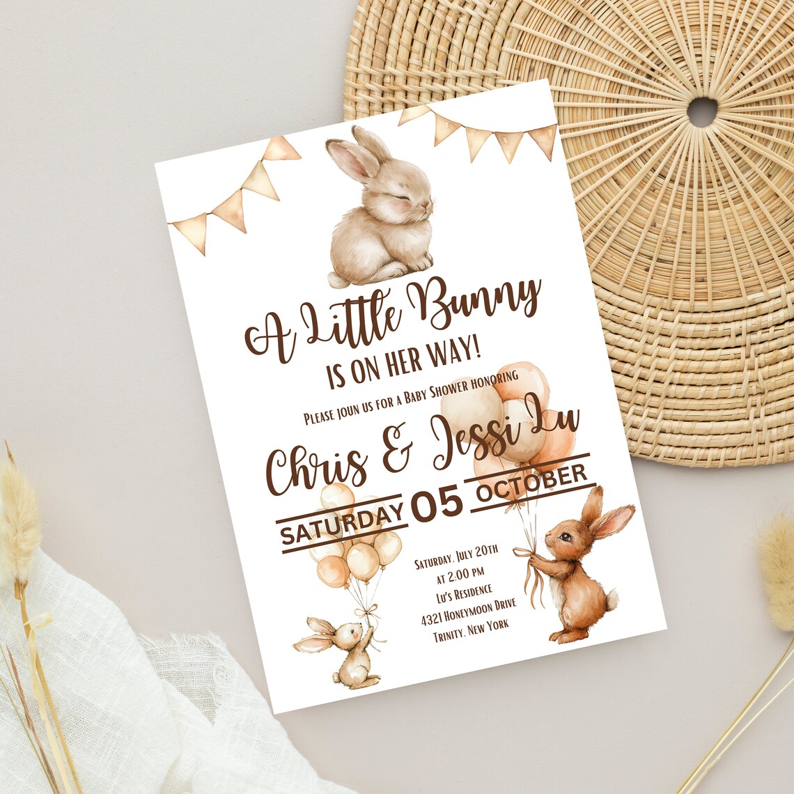 Editable Neutral Rabbit Baby Shower Invitation, Beige Boho Bunny Baby ...