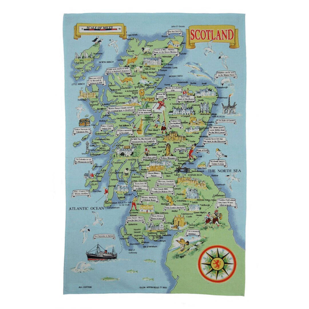 Explore Map of Scotland : 100% Cotton Tea Towel Authentic Scottish ...