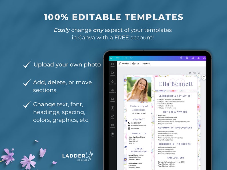 Sorority Resume Template With Photo, Editable Floral Rush Resume ...