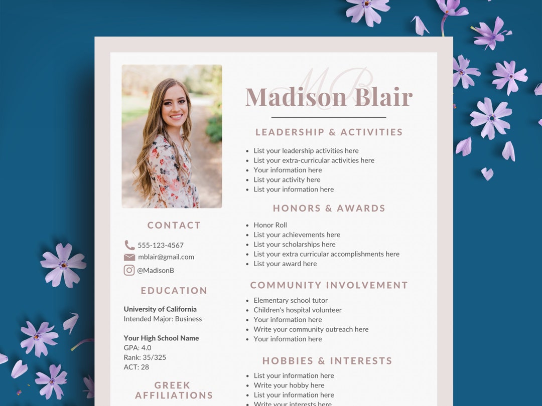Sorority Resume Template | Minimalist Rush Resume With Photo and Sample ...