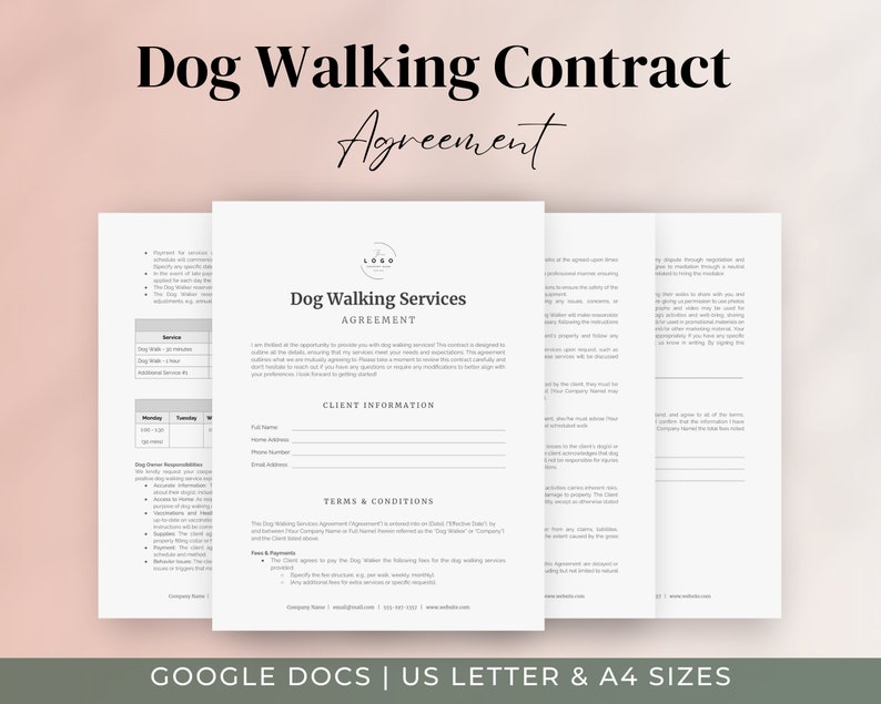 Dog Walking Services Contract Template Editable Printable Dog Walking ...