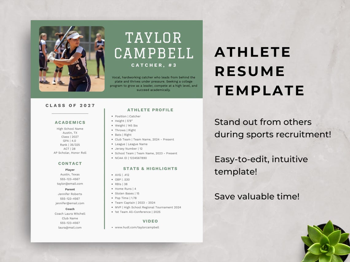 Softball Baseball Resume Template for College Recruiting | Sports ...