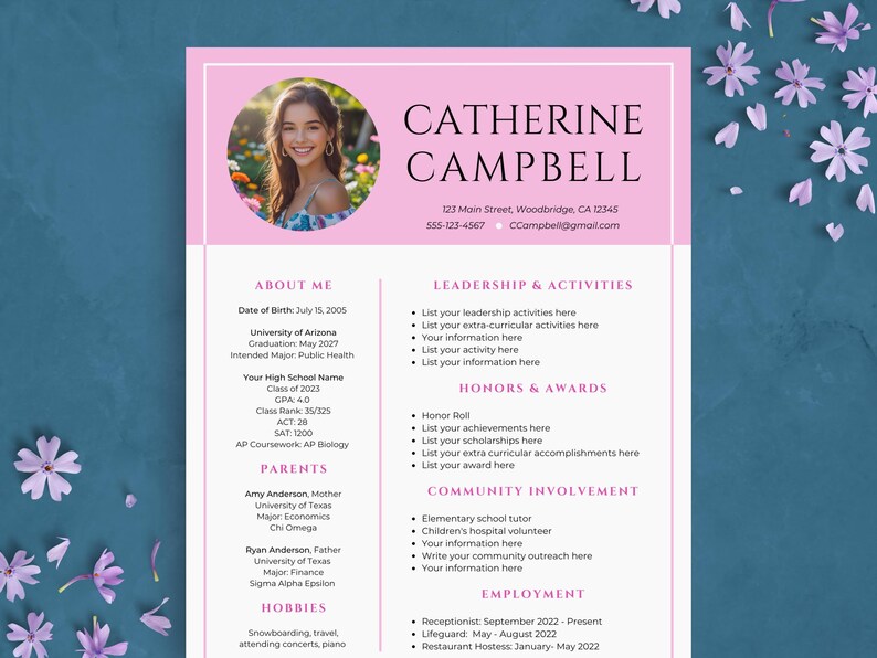 Pink Sorority Resume Template With Photo, Editable Rush Resume Template ...