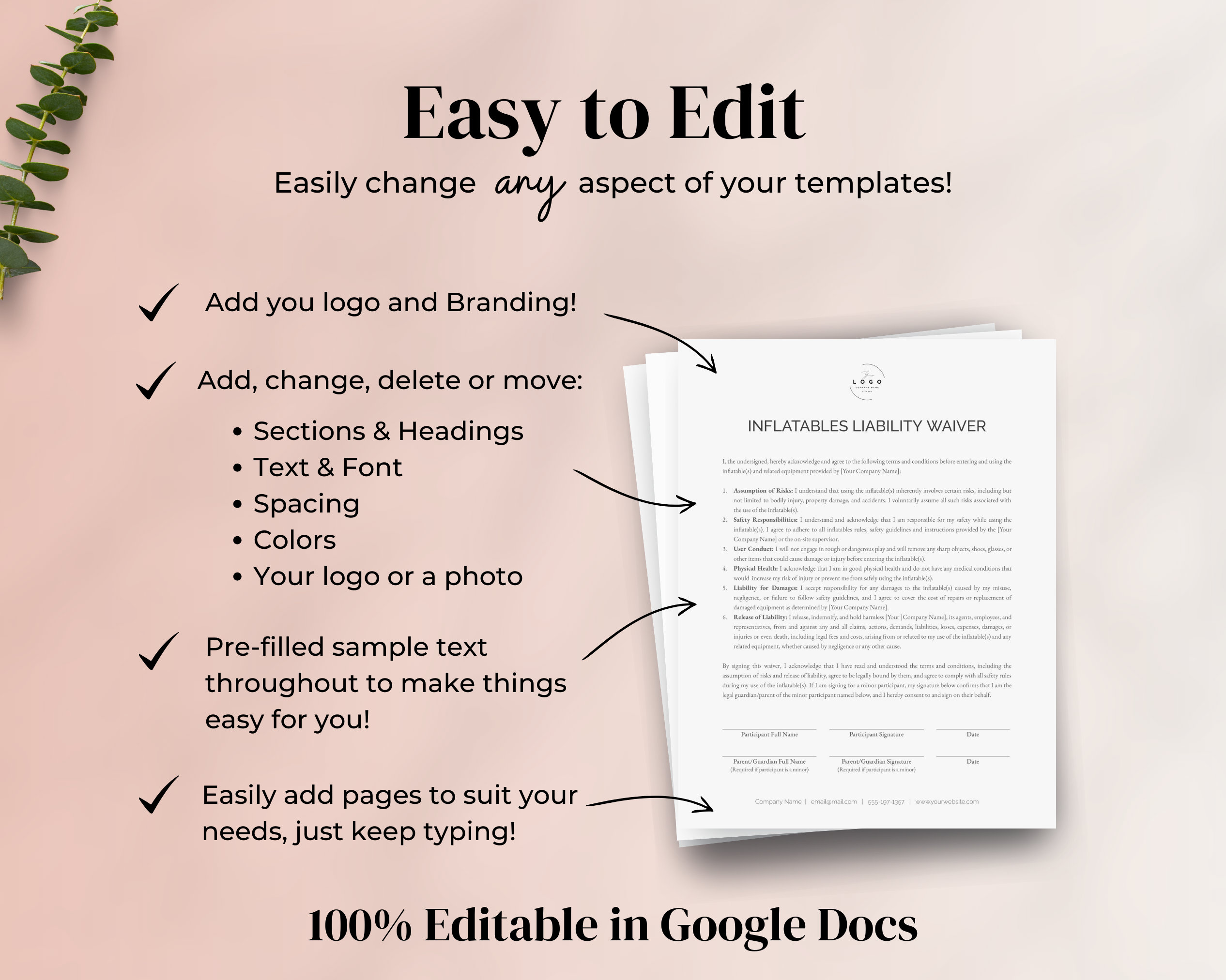 Inflatables Liability Waiver Form Template | Editable, Printable Bounce ...