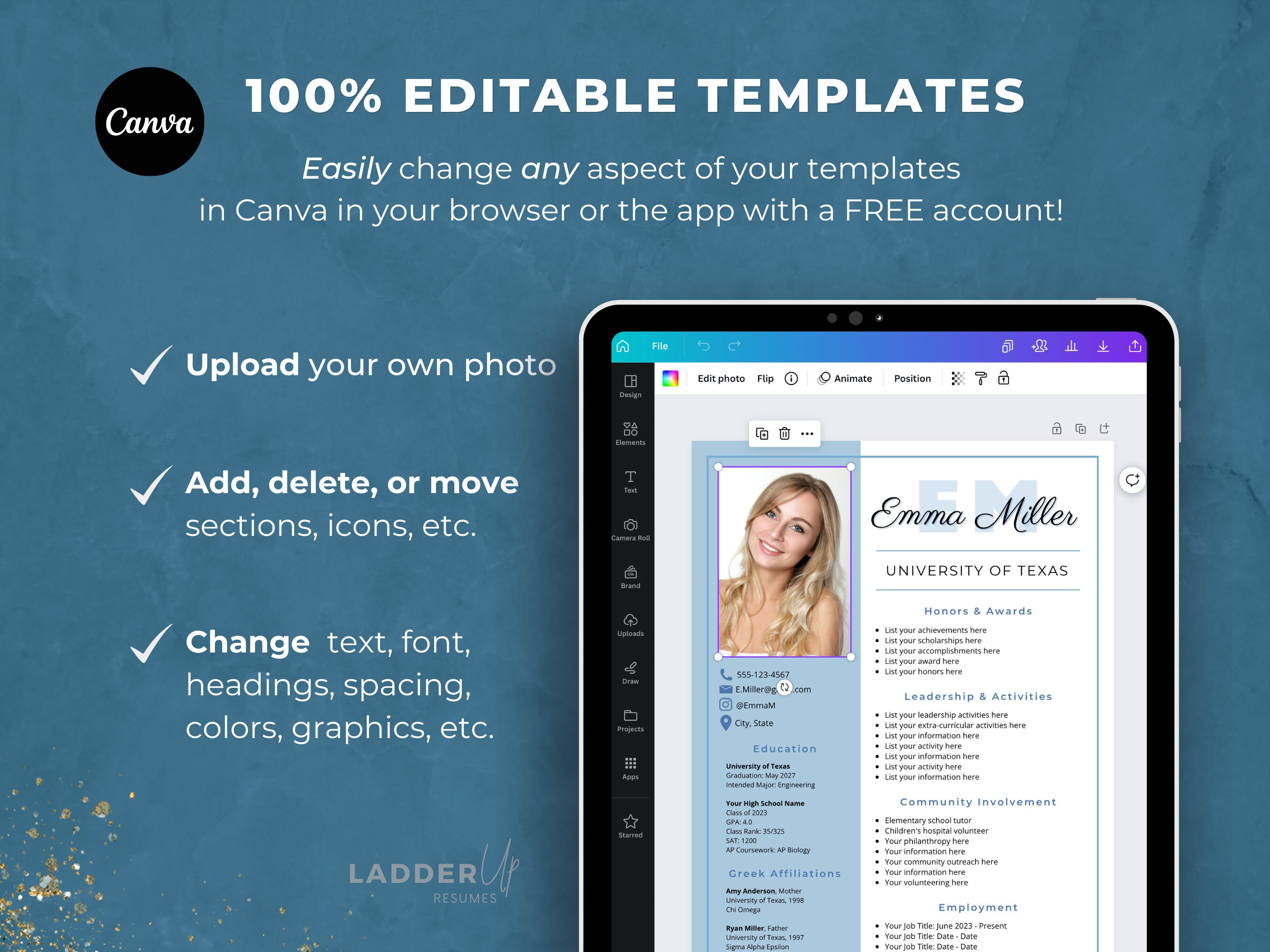 Sorority Resume Template, Blue Rush Resume Template With Photo and ...