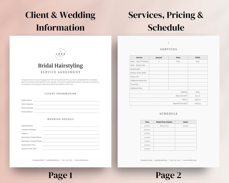 Bridal Hair Contract Template | Wedding Hair Stylist Service Agreement ...