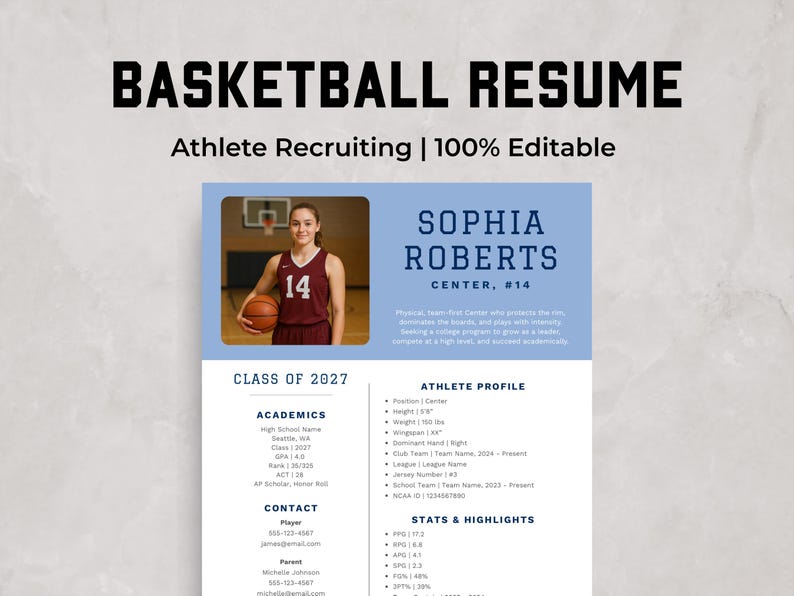 Basketball Resume Template for College Recruiting | Student Athlete ...