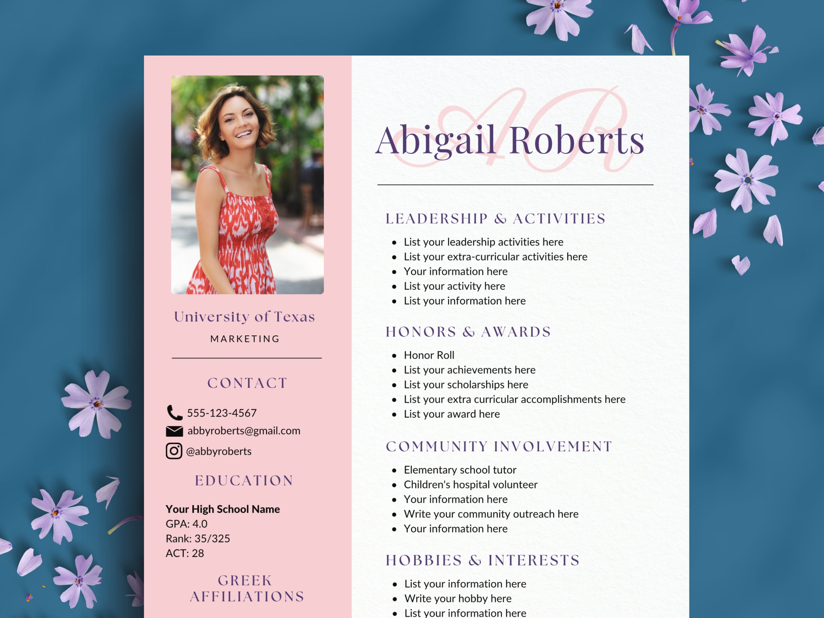 Pink Sorority Resume Template With Photo, Purple Monogram Rush Resume ...