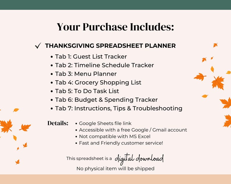 Thanksgiving Planner Spreadsheet | Menu, Guest Tracker, Budget Tracker ...