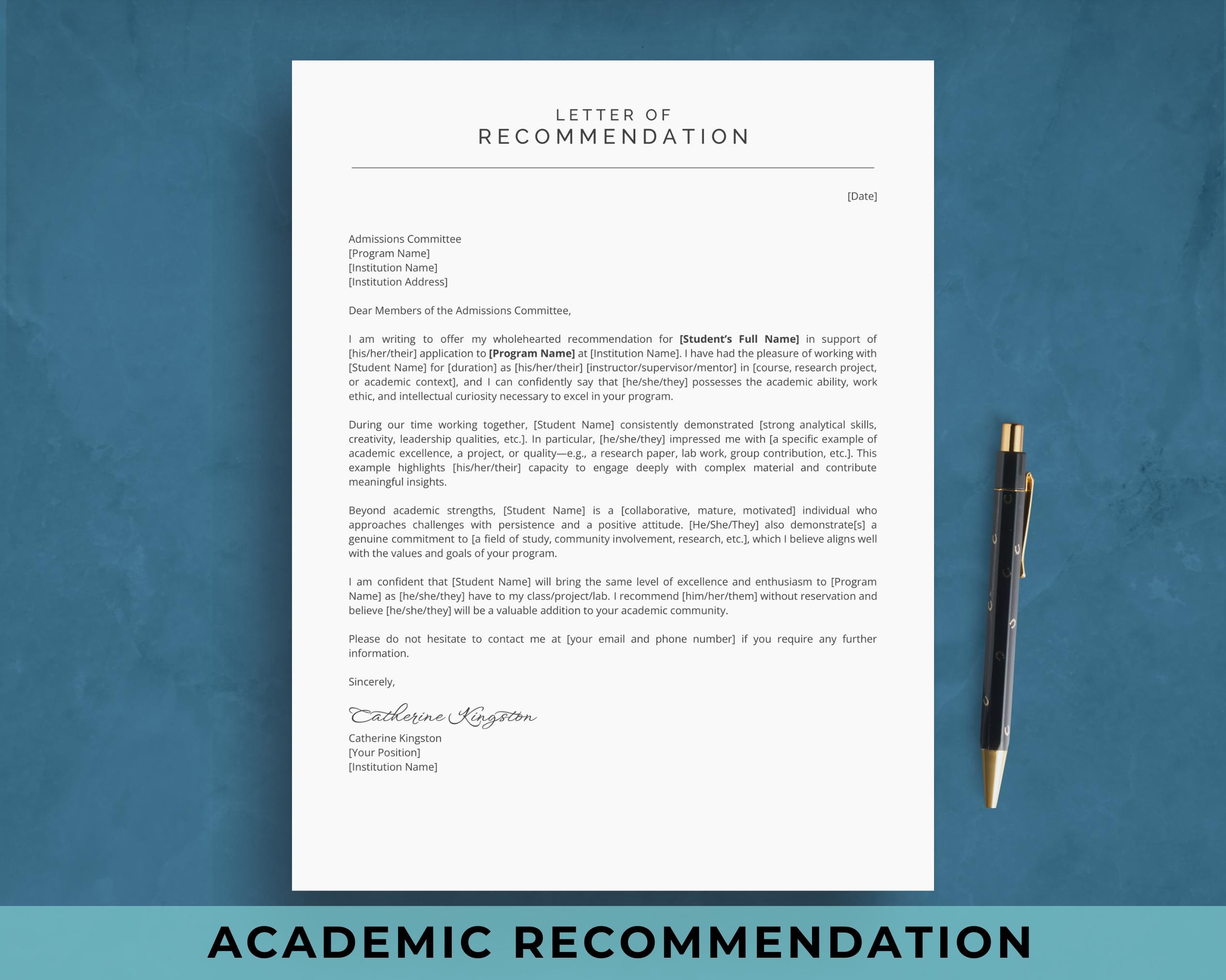 Academic Recommendation Letter Template | Scholarship Reference | Grad ...