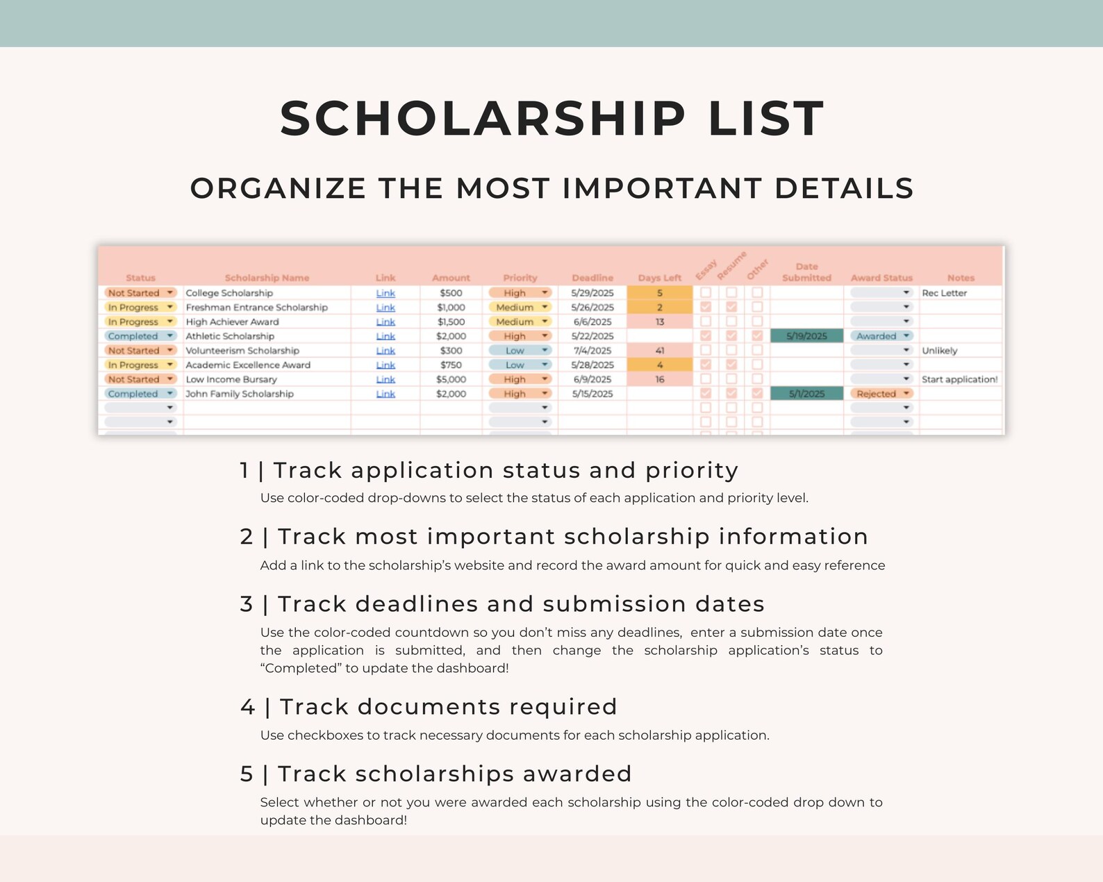 Scholarship Tracker Spreadsheet | Google Sheets | College Scholarship ...