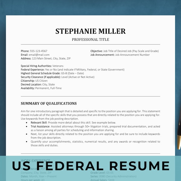 Us Federal Resume Template - Etsy