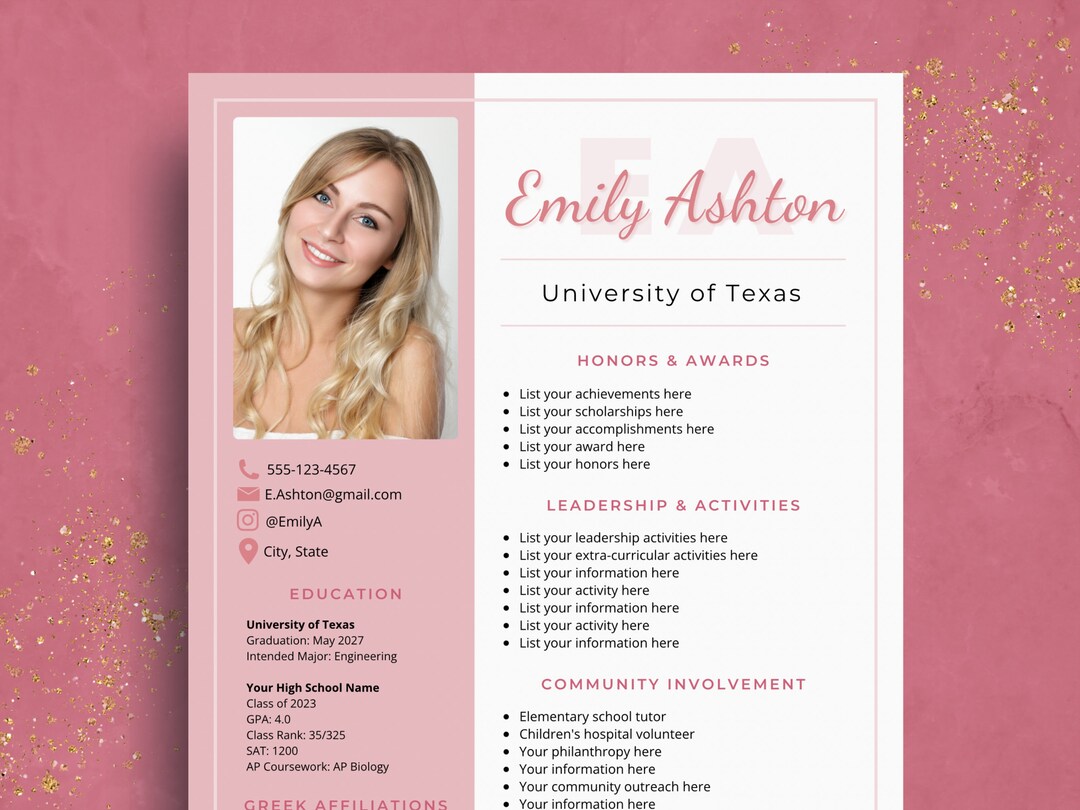 Sorority Resume Template, Pink Rush Resume Template With Photo ...