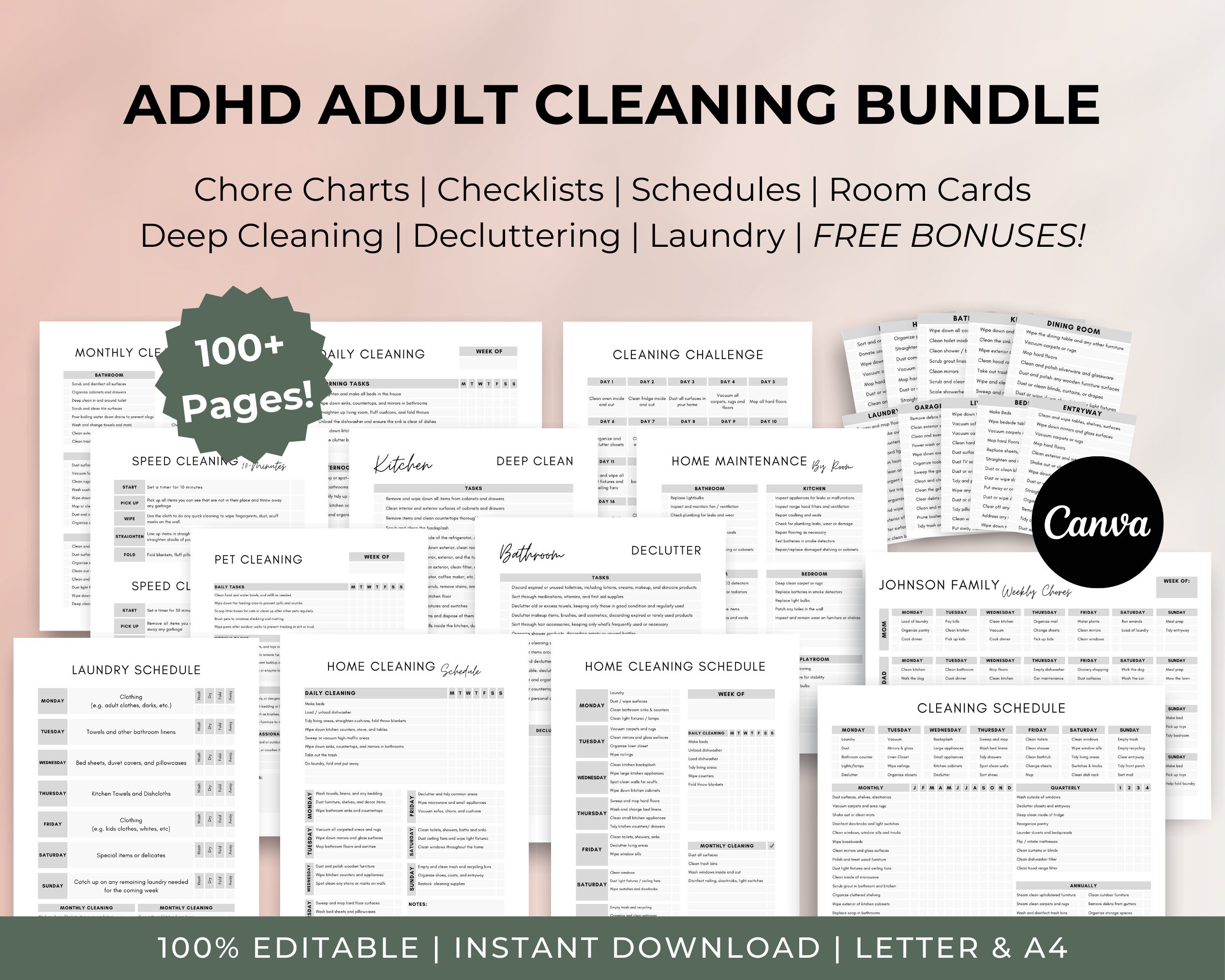 Adult ADHD Cleaning Checklist Bundle | Printable Cleaning Schedule ...