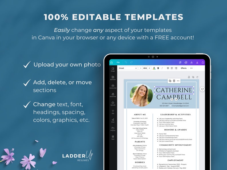 Sorority Resume Template With Photo, Editable Blue Rush Resume Template ...
