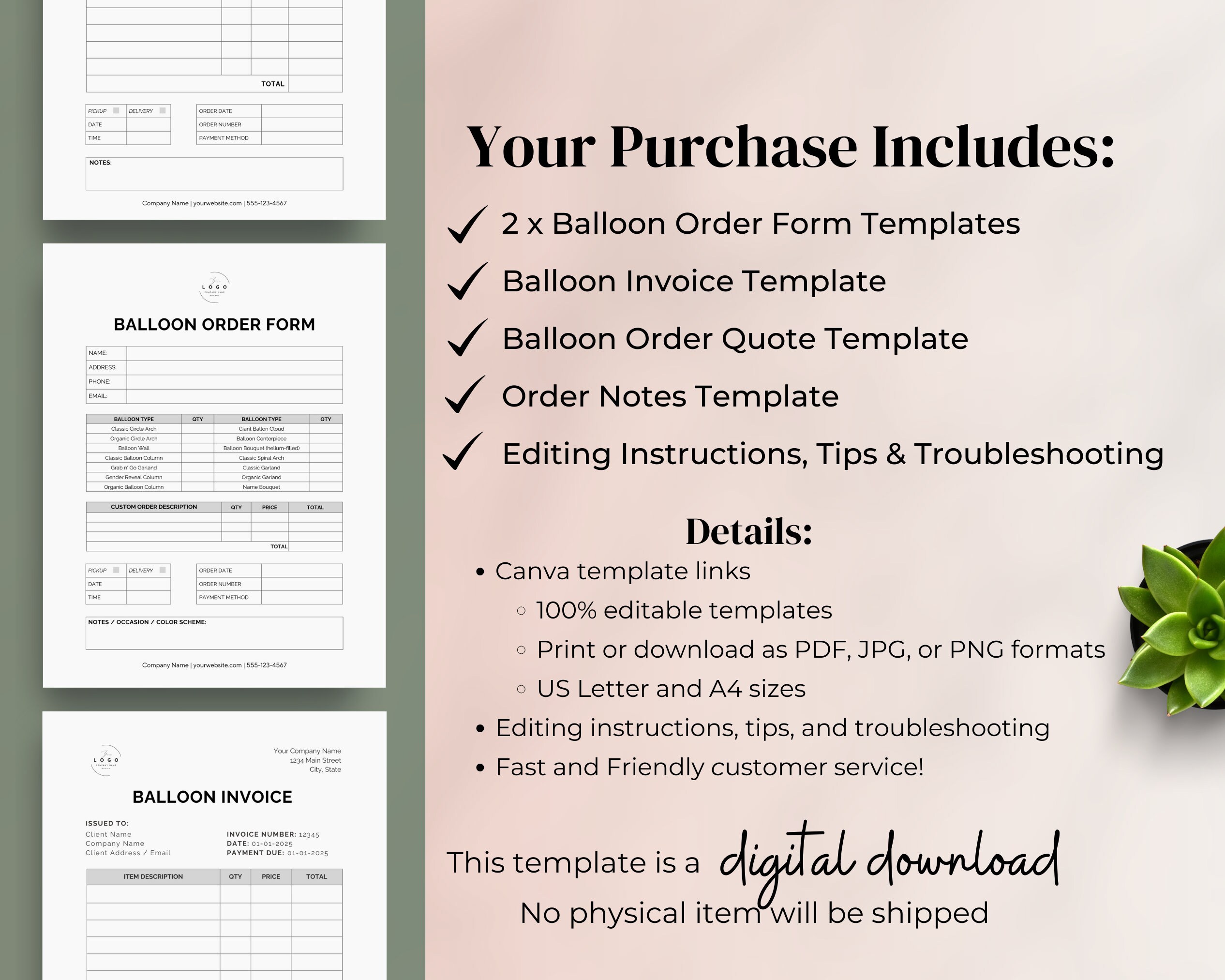 Balloon Business Form Bundle | Editable Order Form and Invoice ...