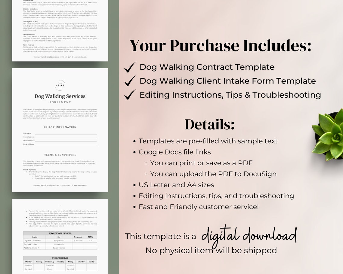 Dog Walking Contract Template & New Client Intake Form | Editable ...