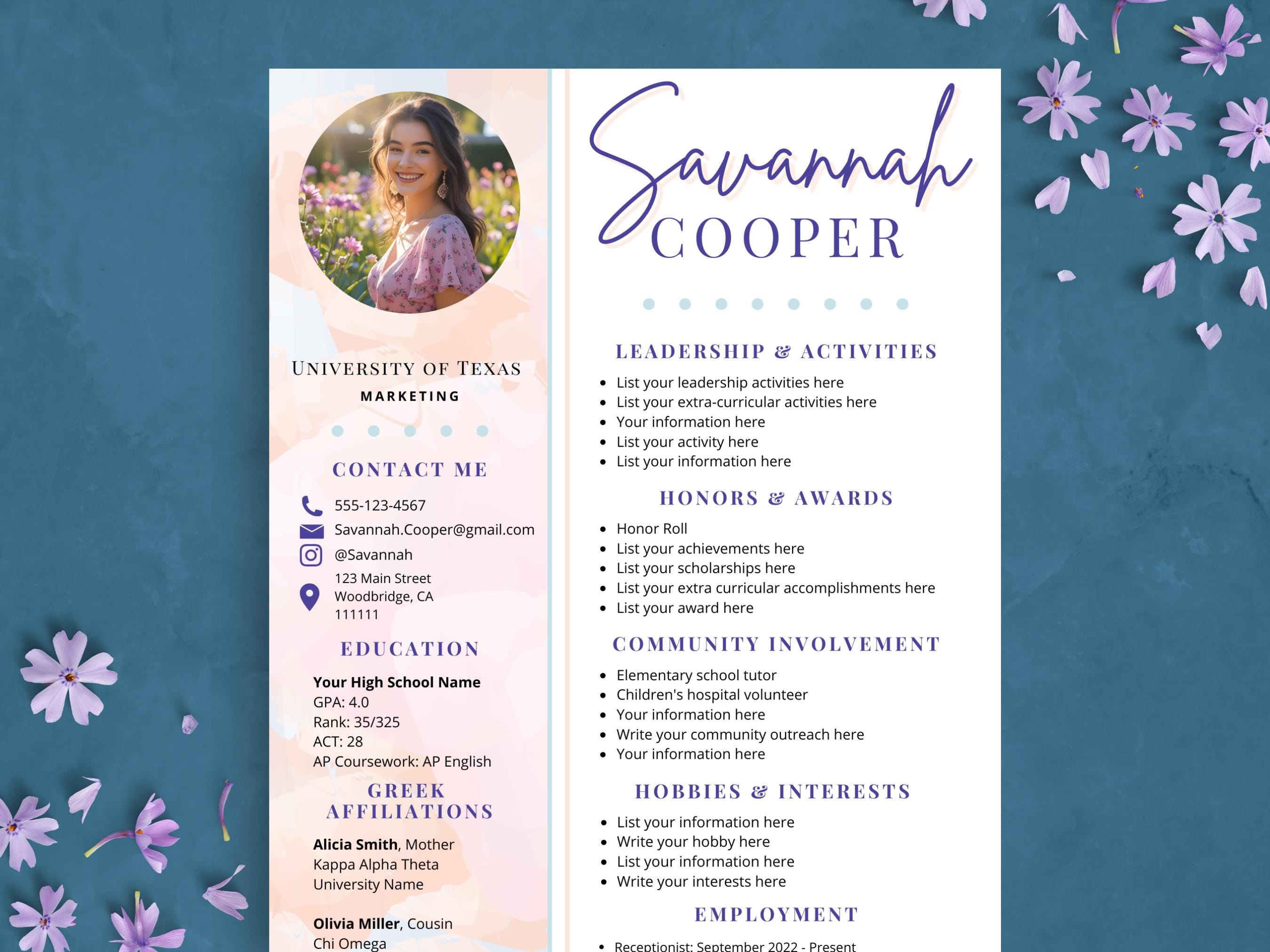 Sorority Resume Template | Rush Resume Template With Photo | College ...