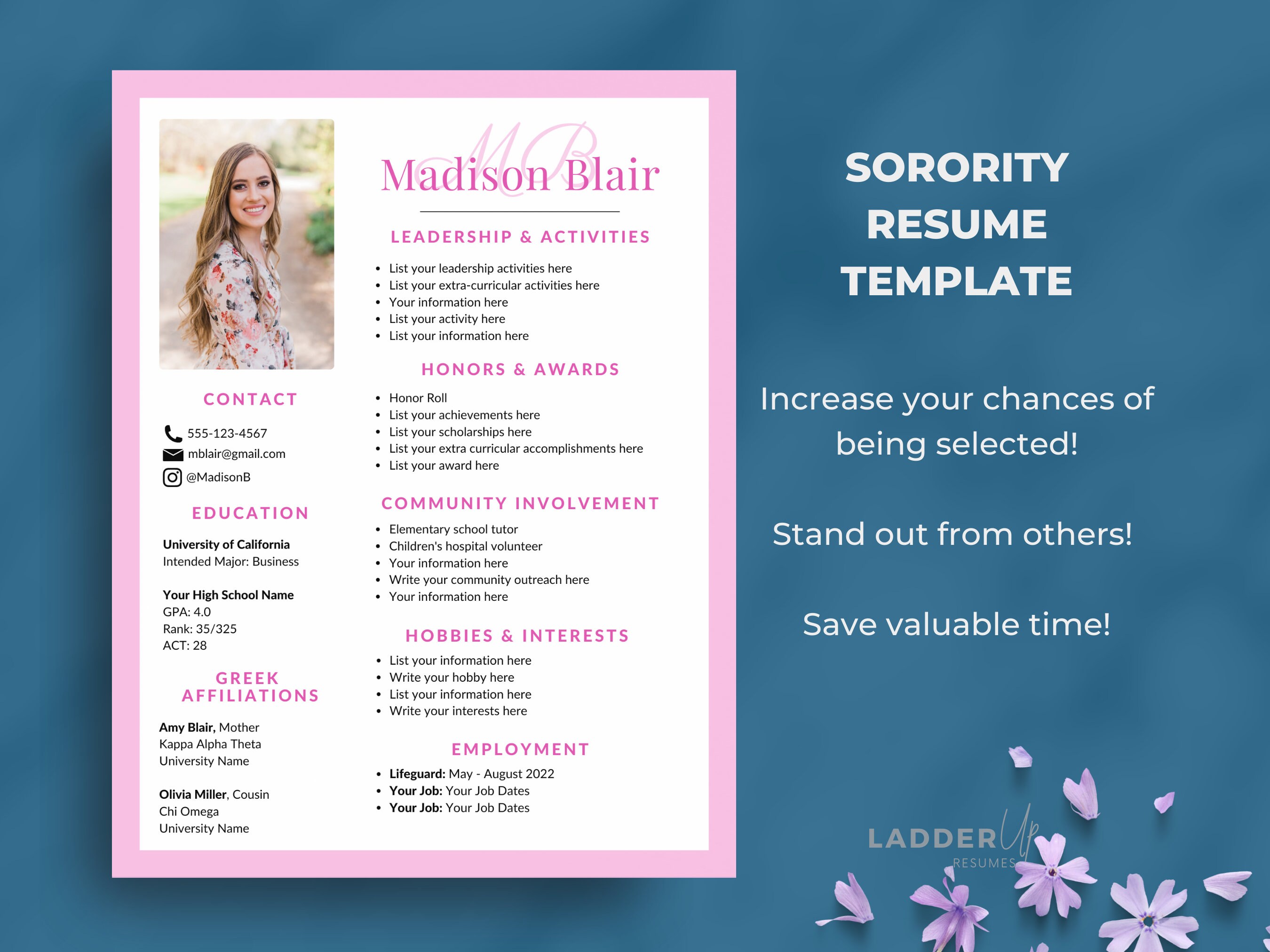 Pink Sorority Packet, Editable Sorority Resume Template With Photo ...