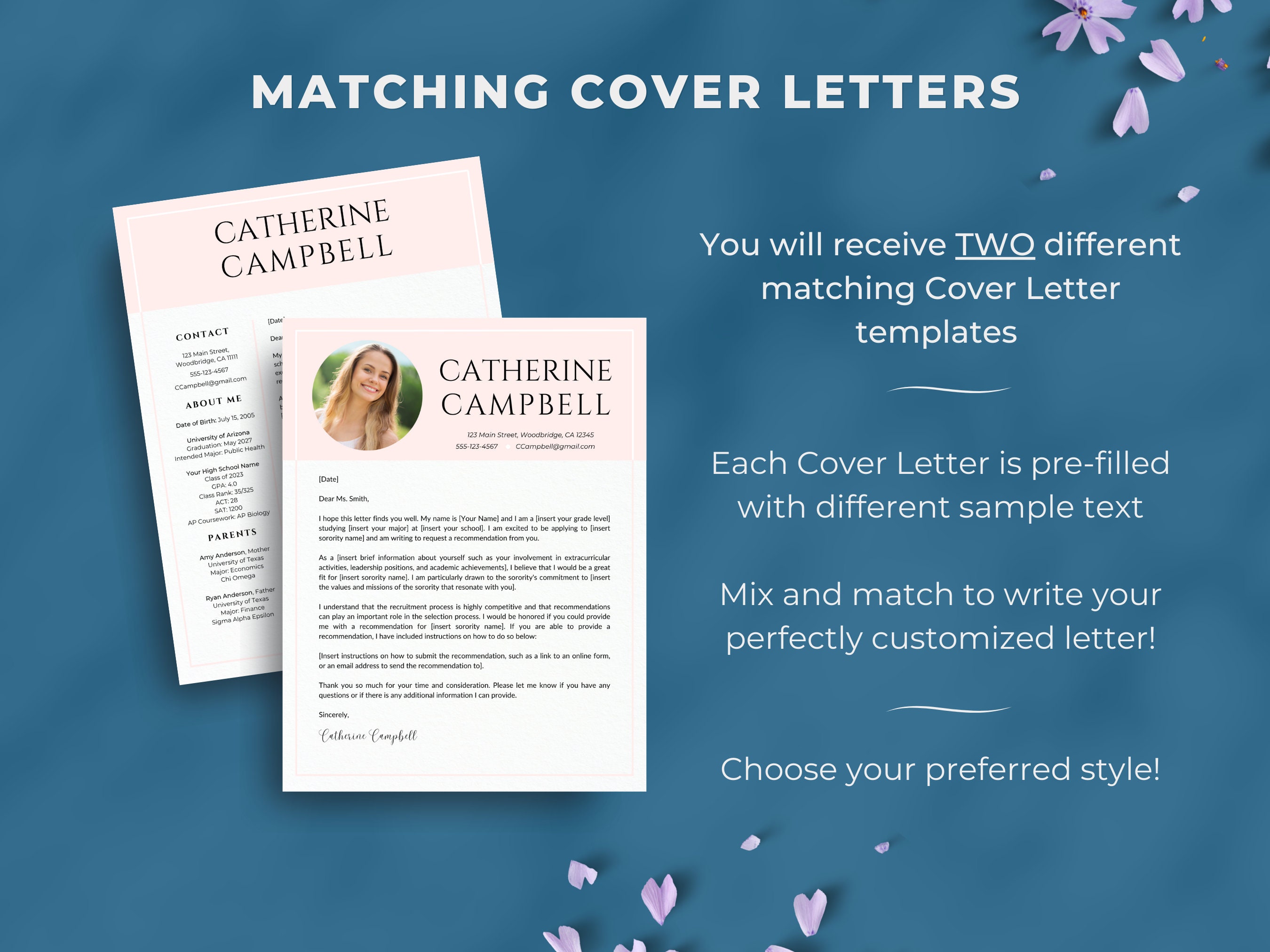 Sorority Resume Template With Photo, Pink Rush Resume and Sample Cover ...