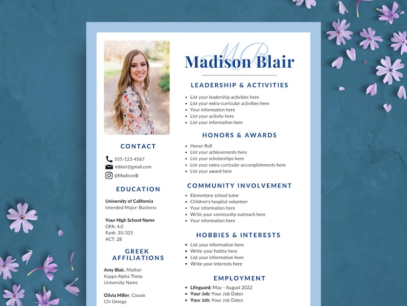Blue Monogram Sorority Resume Template With Photo, Editable Rush Resume ...