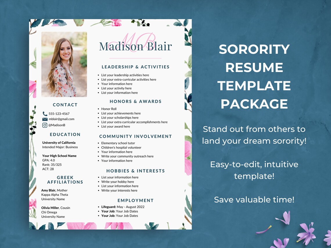Sorority Resume Template | Pink & Green Floral Rush Resume Template for ...